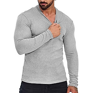 ZAFUL Mens Shawl Collar V Neck Sweater Shirts Lightweight Long Sleeve T Shirts Fitted Knitted Pullover Thermal Top Light Grey