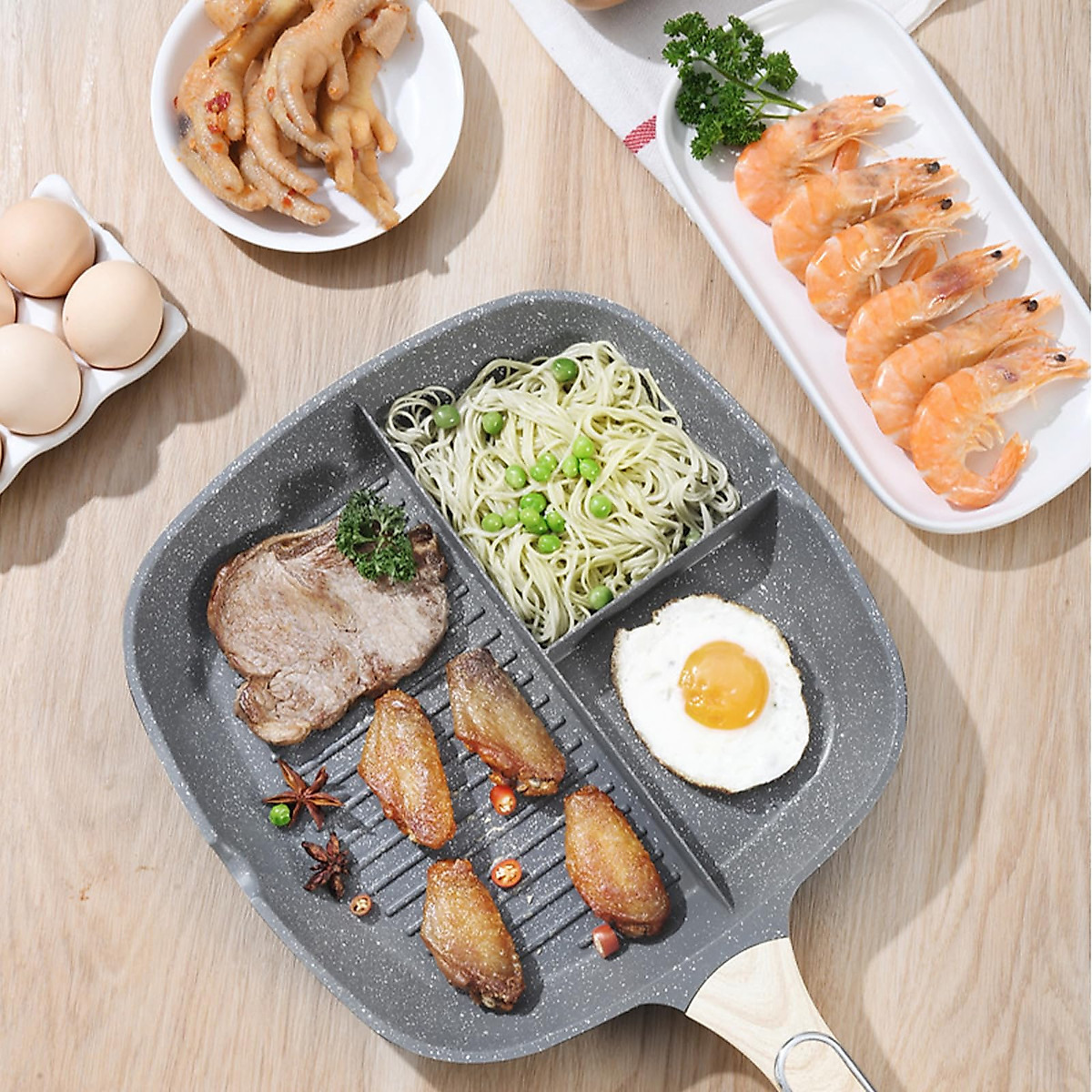 Tauvirboff Nonstick Grill Pan, 3-in-1 Nonstick Divided Breakfast Grill Pan for Stove Tops, Egg Frying Pan for Egg, Bacon & Burgers, Stone Coating Cookware for Gas, Electric & Induction, 11“ (Black)