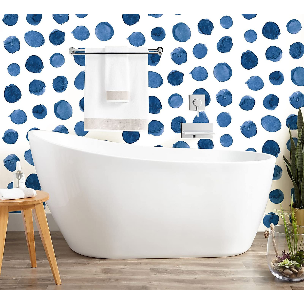 HAOKHOME Boho Peel and Stick Wallpaper Watercolor Brush Strokes Dots Removable Indigo Blue/White Vinyl Self Adhesive Contactpaper 17.7in x 9.8ft