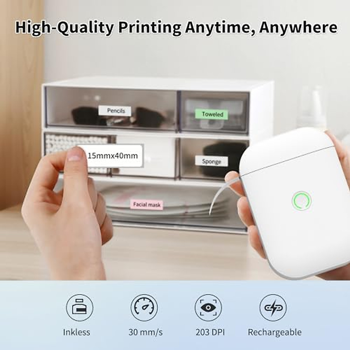 JADENS D11 Pro Portable Bluetooth Label Maker with Tape - Mini Label Printer for Storage, Barcode, Mailing, Office & Home Organizing - Sticker Maker with Multiple Templates, White