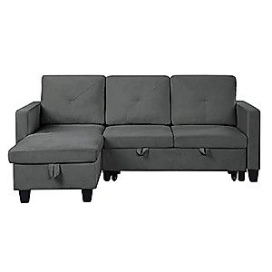 BOWERY HILL Dark Gray Velvet Reversible Sleeper Sectional with Storage Chaise