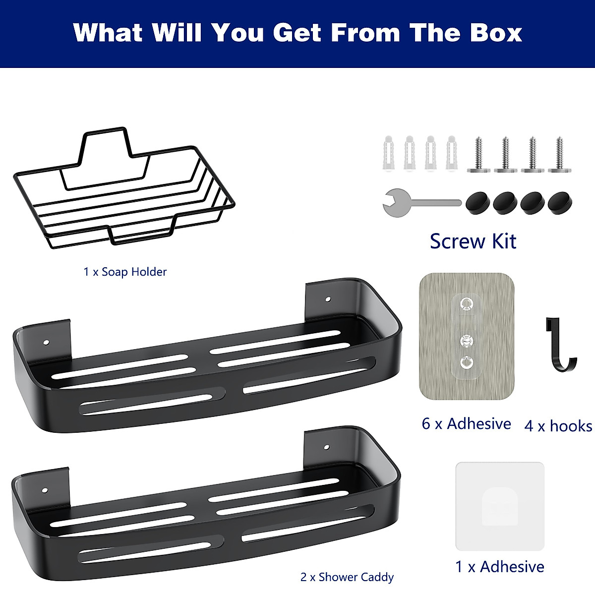 Fuprobys Shower Caddy 3 Pack - Large Shower Organizers & Soap Holder, Durable & Rustproof Shower Shelf, Wall Mounted Bathroom Shower Shelves, No Drilling Adhesive Shower Caddy with 4 Hooks, Black