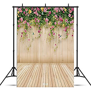 WOLADA 5x7FT Flower Wall Backdrop Spring Backdrop Spring Floral Photo Backdrop Brown Wood Plank Flower Wall Photography Backdrop Girl Birthday Party Wedding Shower Photography Background 8909