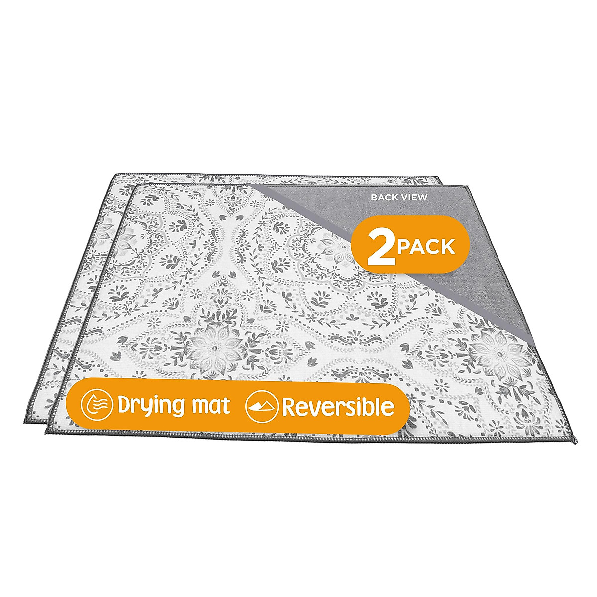 Priver Absorbent Microfiber Reversible Dish Drying Mat - Large Kitchen Counter Mat for Quick Drying of Dishes, Flatware, Bottles & Breast Milk Stuff - Washable, and Waterproof Dish Mat - Grey, 2 pack
