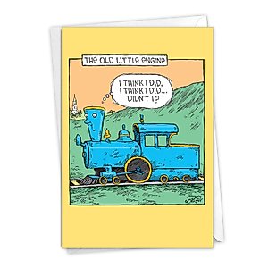NobleWorks - 1 Humor Birthday Card with Envelope - Funny Cartoons for Birthday Greetings, Celebration Notecard - Old Little Engine C6955BDG