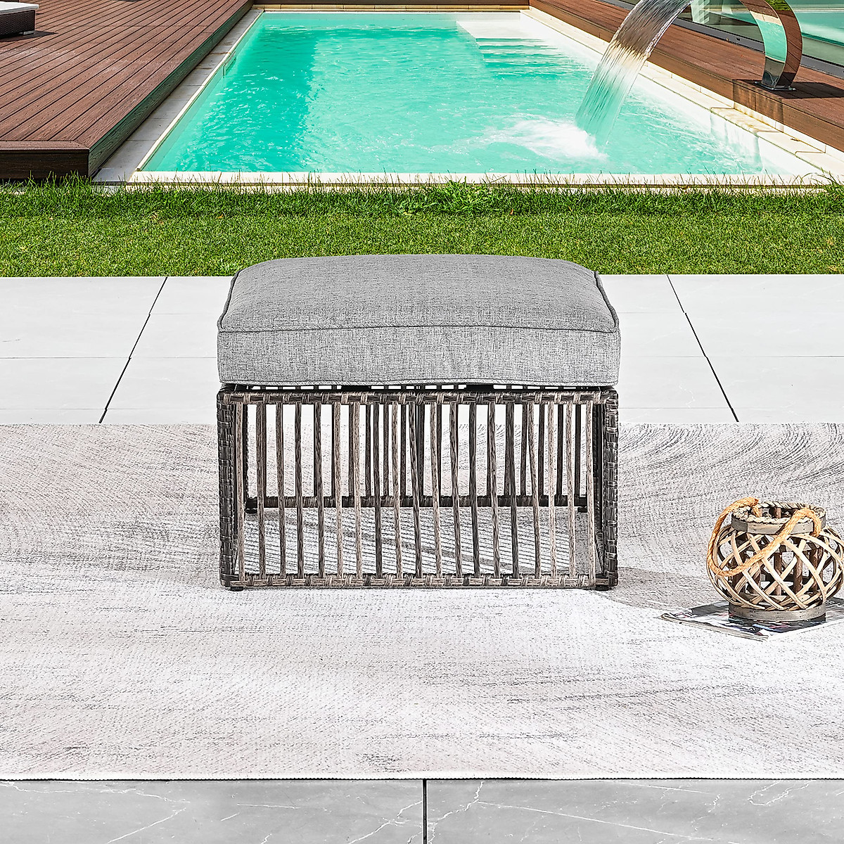 LOKATSE Home Patio Footstool Outdoor Ottoman with Soft Thick Cushion for Garden Yard Deck Poolside, Gray