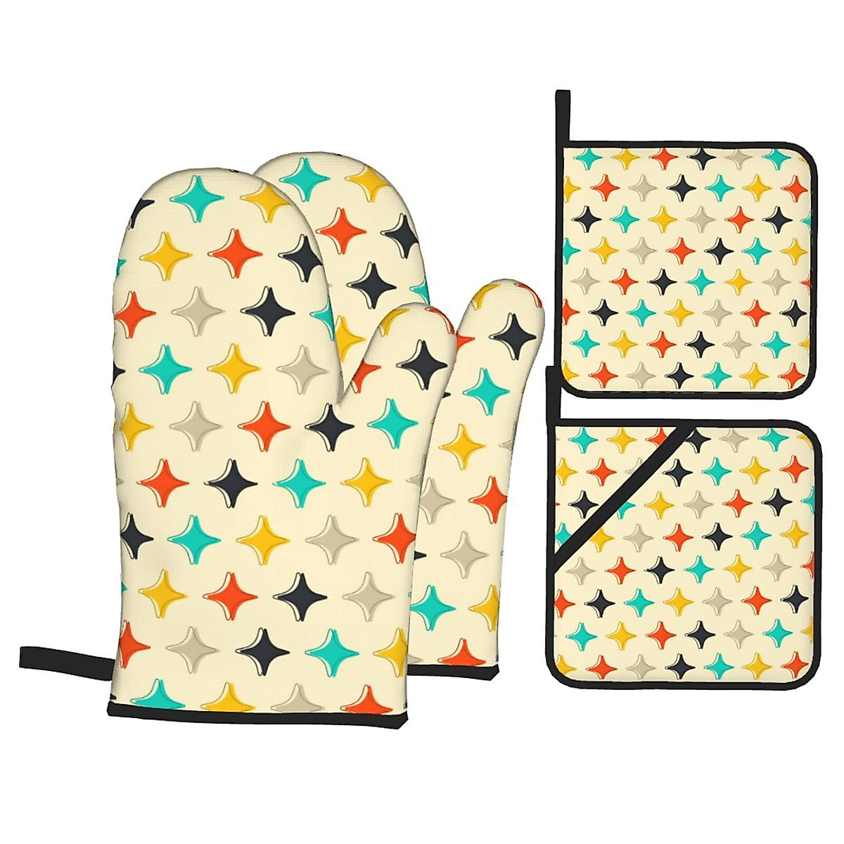 Modern Atomic Stars Retro Colors Oven Mitts and Pot Holders 4pcs Sets，Funny Kitchen High Heat Resistant Oven Mitts，with Oven Gloves and Hot Pads Pot Holders for Baking Cooking BBQ Grilling