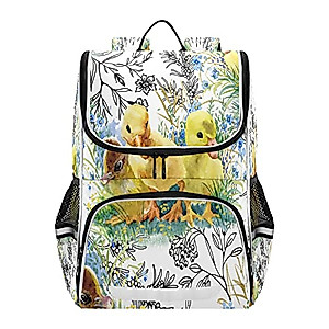 JULYTO Kids Backpack for Boys Girls with Reflective Stripes16 inch Little Fluffy Duck Backpack for School Cute Watercolor Easter School Bag Elementary Student Bookbag Daypack for Travel Hiking