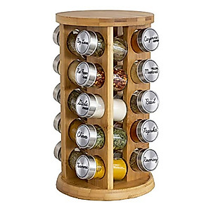 Orii 20 Jar Spice Rack with Spices Included - Tower Organizer for Kitchen Spices and Seasonings, Free Spice Refills for 5 Years (Bamboo Wood)
