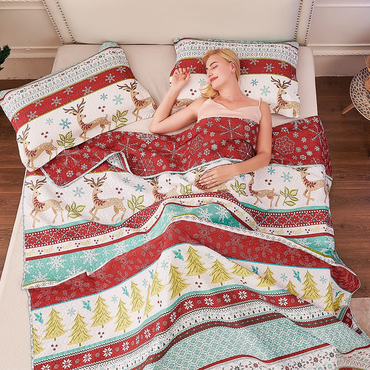 Jessy Home Christmas Bedding Set Queen Size Christmas Quilt Bedspread Xmas Reversible Christmas Coverlet Rustic Lodge Deer Snowflake Cabin Home Holiday Decor Christmas