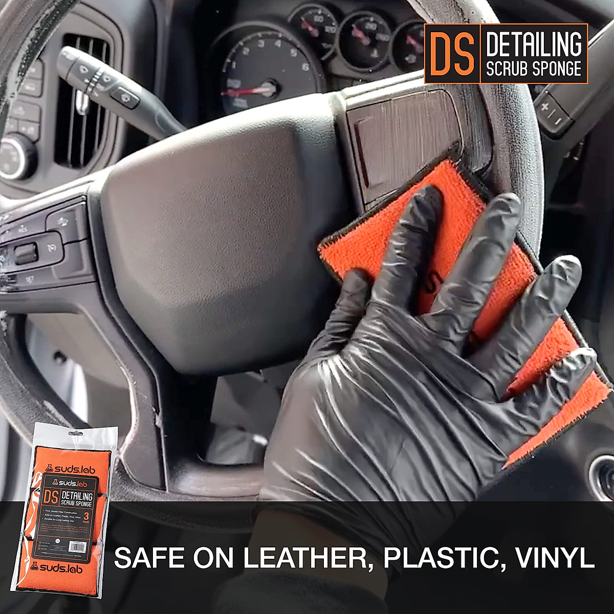 Suds Lab DS Microfiber Detailing Scrub Pad 3 Pack - Car Interior Cleaning & Detailing Microfiber Scrub Pads - Set of 3 - Safe On Leather, Vinyl, Plastic, Etc.