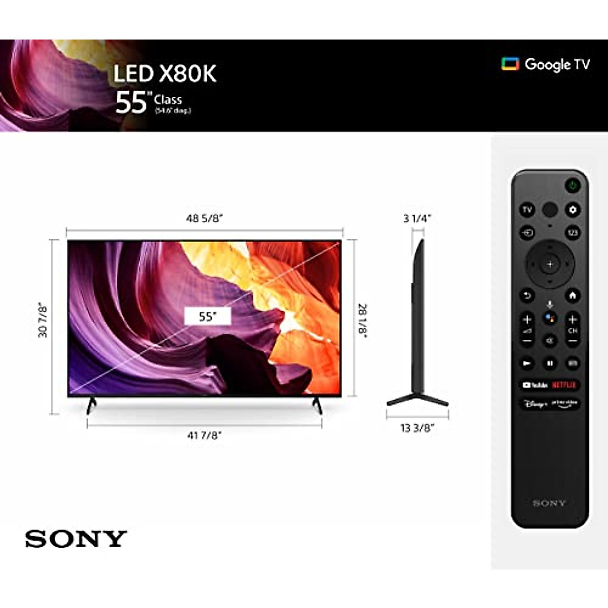 Sony 55 Inch 4K Ultra HD TV X80K Series: LED Smart Google TV with Dolby Vision HDR KD55X80K- Latest Model, Black