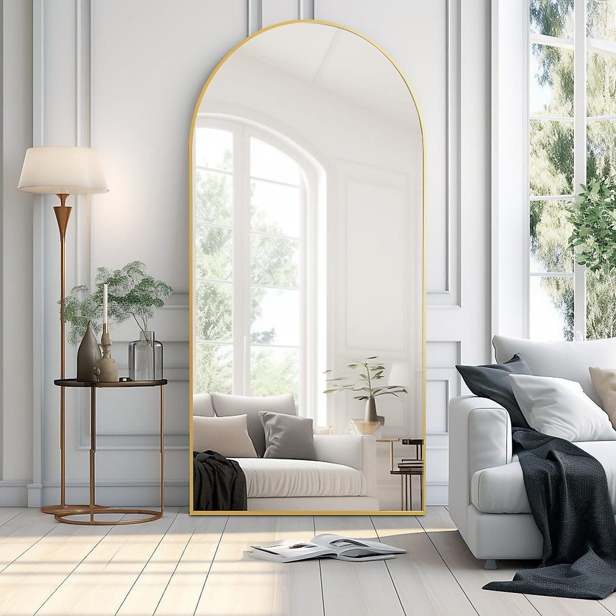 Dewfig Arched Full Length Mirror, 71"*30", Large Floor Mirrors with Stand, Full Body Mirror Standing Mirrors for Leaning Hanging Bedroom, Living Room,Dressing Room, Aluminum Alloy Frame, Gold