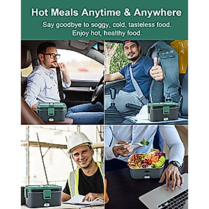 70W Faster Electric Heated Lunch Box[2023 Upgrade], Car Truck Food Warmer, 1.8L Larger Capacity 304 Stainless Steel Container for Car and Home/Office, with Carry Bag and Fork & Spoon (Grey+Green)
