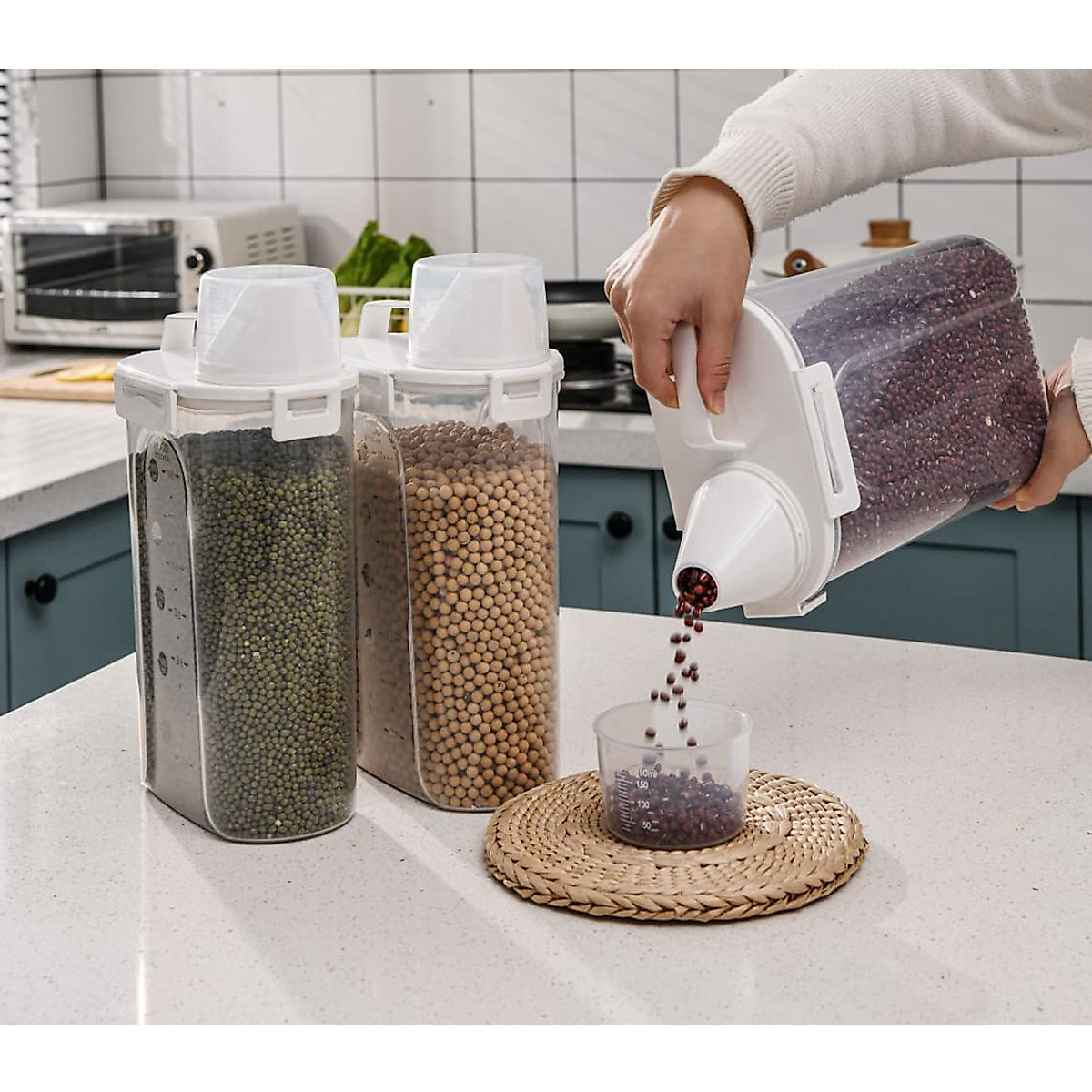 Airtight Rice Containers, BPA Free 3L Bin Dispenser with Pouring Spout, Measuring Cup for Cereal, Flour and Grain, Include a Stainless Steel Whisk and a Rice Spoon