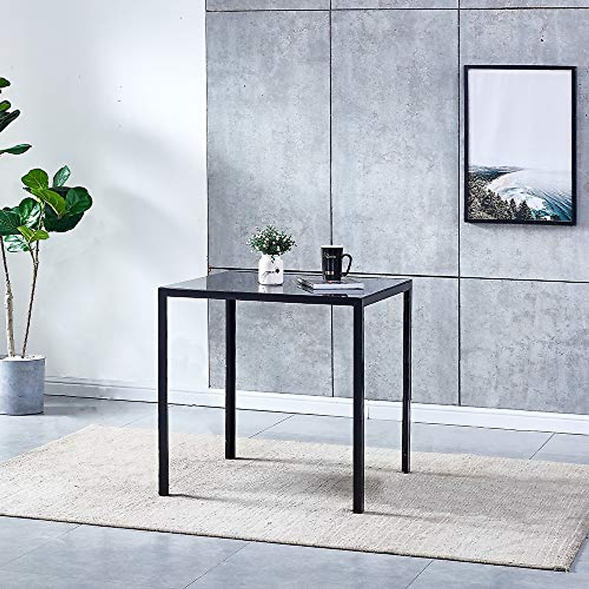 Set of 5 Dining Table Chair Set, Black Glass Square Dining Table and 4 Black Faux Leather Dining Chairs, Modern Dining Room Set with Metal Legs 5-Piece Kitchen Table Chair Set for Home Restaurant