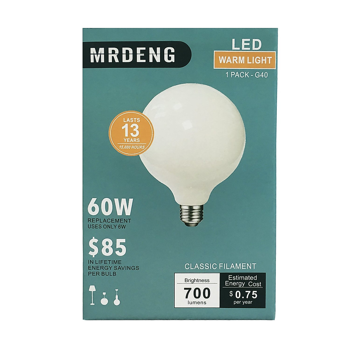 MRDENG Globe Light Bulbs 60 Watt Replacement for Decorative,E26 Dimmable Soft White Large G40(G125) 6Watt(60Watt Equivalent) LED Bulb,2700K(Warm) Pack of 1
