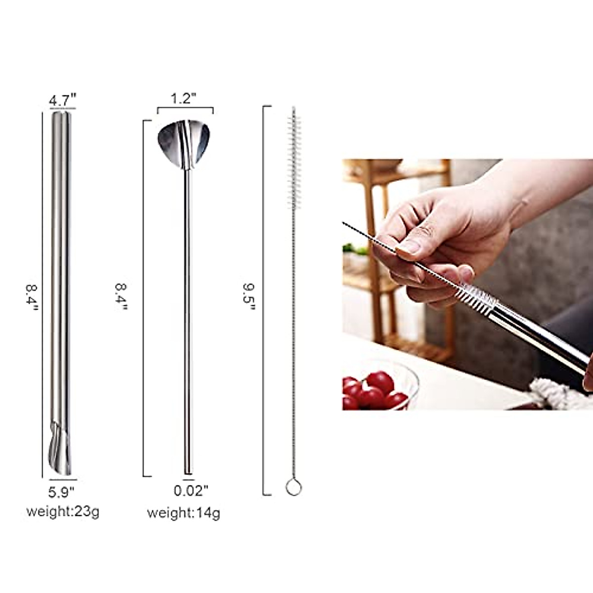 Agoniii 8PC stainless steel Eco Friendly Drinking Straws,reusable Smoothie straws metal Spoon for boba straw, drinking Coffee with 2 Cleaning Brushes,Long Drink Straws, 8.4*5.9*4.7 inches