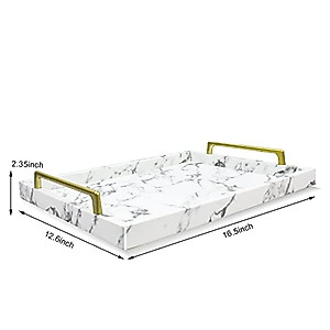MCBZ Home furnishings, Serving Trays, Coffee Table Decorative Trays, Marbled Leather Trays, Gold Handle Storage Trays (White/Marbled)