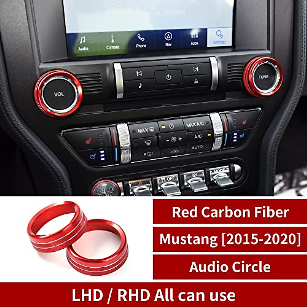 Car Audio Circle Sticker Decal Carbon Fiber Interior Trim Cover for Ford Mustang 2015 2016 2017 2018 2019 2020 2021 2022 2023 Accessories (RED)