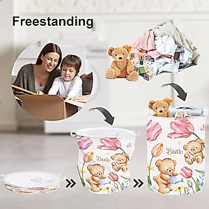 Clastyle Large Pink Tulip Bear Baby Gift Basket Kid Clothes Toy Book Nursery Storage Bin Girl Bedroom Butterfly Flower Laundry Hamper, 14x17.7 in