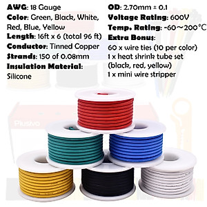 18 AWG Stranded Wire Kit – Silicone Coated Copper Wires 18 Gauge Pre-Tinned 16ft/5m Each Spool, 6 Colors (Black, Red, Yellow, Green, Blue, White), Electrical Jumper Wire Hook Up Wire Kit from Plusivo