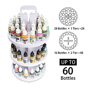 SANFURNEY 3 Tiers Spinning Paint Organizer Rack for 17ml Paint Dropper Bottle, 60 Holes Craft Paint Rotating Tower, Desktop Paint Storage Holder Stand for 17ml Vallejo, Army Painter, AK Interactive