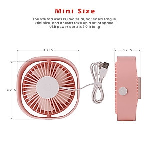 warrita USB Table Fan Portable Mini Personal Desk Fan with 360 Rotation and Adjustable 3 Speed for Office, Travel-Pink