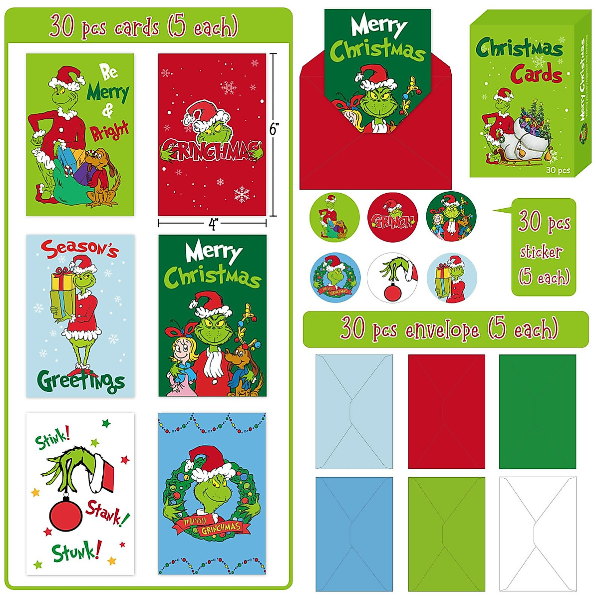 RINOLY Set of 30 Christmas Cards Bulk Boxed with Envelopes and Stickers,6 Assorted Designs Christmas Cards, Holiday Christmas Greeting Cards Bulk-4x6 inch