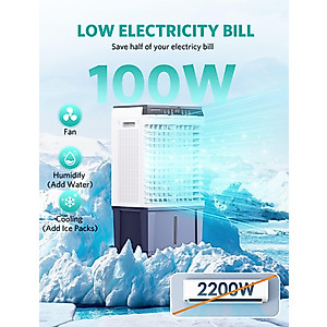 Air Choice Evaporative Air Cooler, 1800CFM Swamp Cooler with 12H Timer, Remote Control, 110° Oscillation & 5.3 Gal Water Tank, 4 Ice Packs, 3 Speeds, 3-in-1 Evaporative Cooler for Outdoor Indoor Use