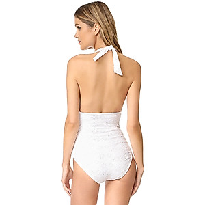 Kate Spade New York Women's Embroidered Halter Plunge Swimsuit, White, X-Small