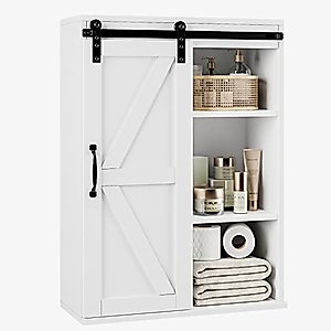 HOSTACK Bathroom Cabinet Wall Mounted, Farmhouse Medicine Cabinet with Sliding Barn Door & Adjustable Shelf, Over The Toilet Storage Cabinet for Bathroom Laundry Room Kitchen, White