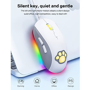 PHNIXGAM Cat Paw RGB Gaming Mouse, Silent Optical Computer Mice USB Wired with 6 Adjustable DPI Up to 7200, RGB Lighting, 6 Programmable Buttons for Windows/Vista/Linux (White)
