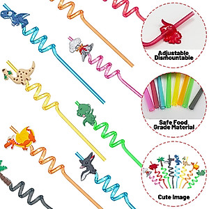 24Pcs Reusable Dinosaur Straws Birthday Decoration Party Favors, Safari Jungle Plastic Crazy Straws Dinosaur Party Supplies for Kids Boys Girls
