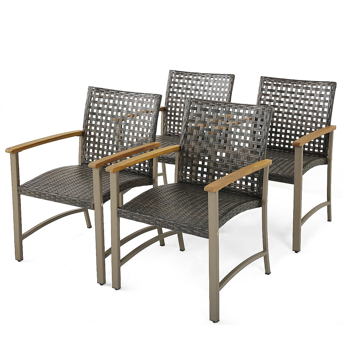Tangkula Patio Dining Chairs Set of 4, Outdoor PE Wicker & Heavy-Duty Metal Chairs with Acacia Wood Armrests, Outdoor Rattan Armchairs for Garden, Backyard, Poolside, Balcony (Mix Brown)