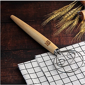 Natluss Original Danish Dough Whisk Dutch Style 13" Stainless Steel Large Wooden Hand Dough Mixer Baking Tool For Bread, Batter, Cake, Pastry, Pancake mixer, Cookie Dough Mixer For Cooking and Baking