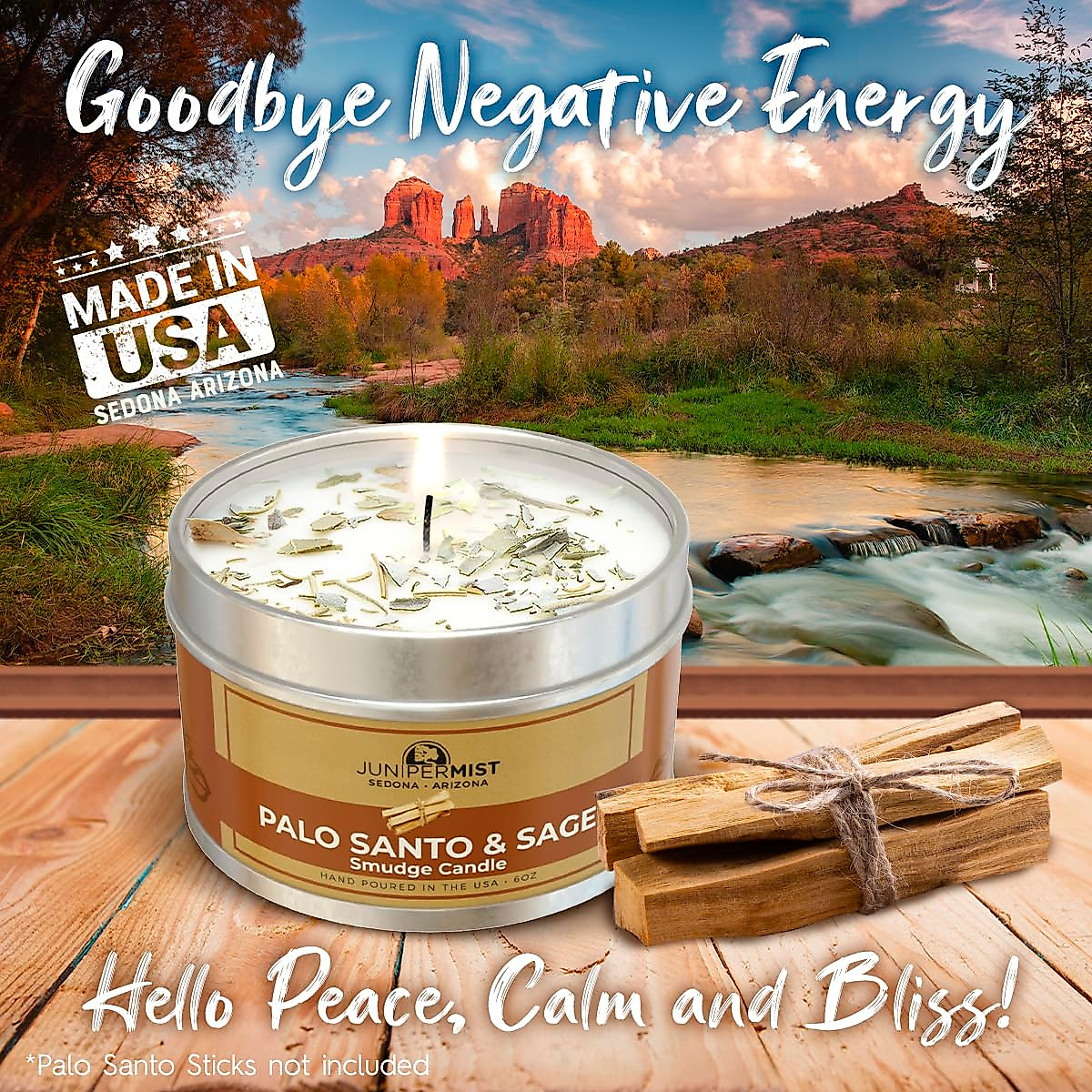 JUNIPERMIST Palo Santo & White Sage Smudge Candle - Pure Soy Candle for Cleansing House Negative Energy, Sedona Based Spiritual Aromatherapy