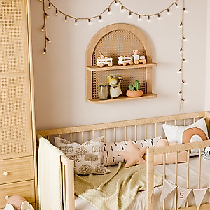 Eostbe Rattan Wall Shelf Boho Nursery Decor, 2-Tier Arched Woven Natural Wood Wicker Wall Shelf, 16''L Neutral Handcrafted Rattan Nursery Shelf, Decorative Shelf for Living Room,Bedroom & Bathroom