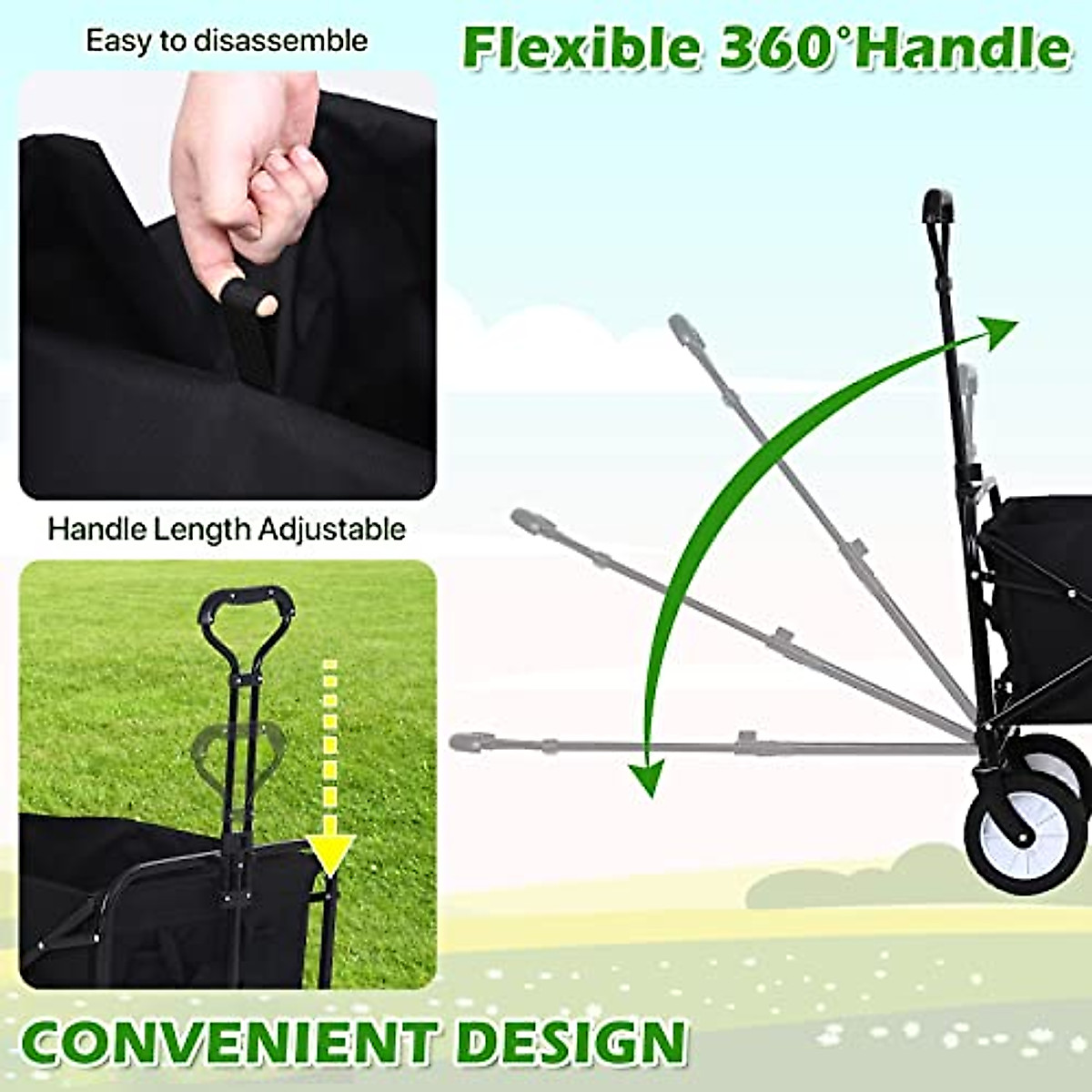 HKLGorg Folding Collapsible Wagon Cart with Wheels Heavy Duty Beach Wagon Outdoor Grocery Wagon Cart Portable Folding Utility Wagon Cart with Handle for Camping, Outdoor, Black