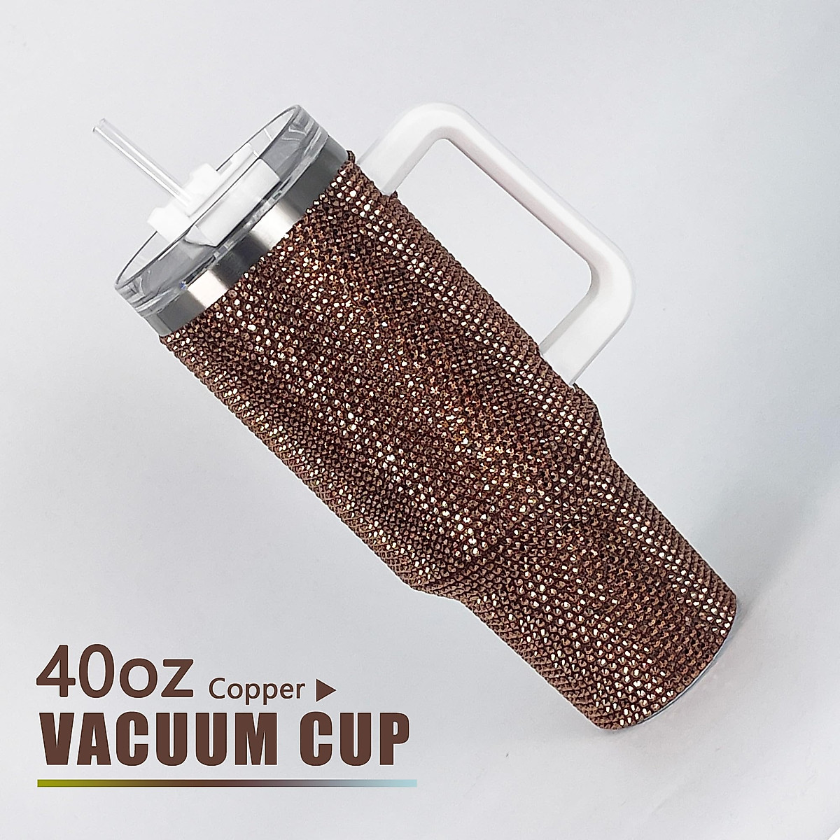 Cupcupmore 40oz Copper Bling Rhinestone Stainless Steel Sippy Tumbler Glitter Vacuum Insulated Water Bottle with Straw & Lid &Handle,Thermos for Hot & Cold Drinks,Car Cup Holder,Coffee