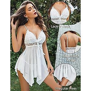 Avidlove Women Lingerie Lace Babydoll V Neck Sleepwear Strap Chemise (White,S)
