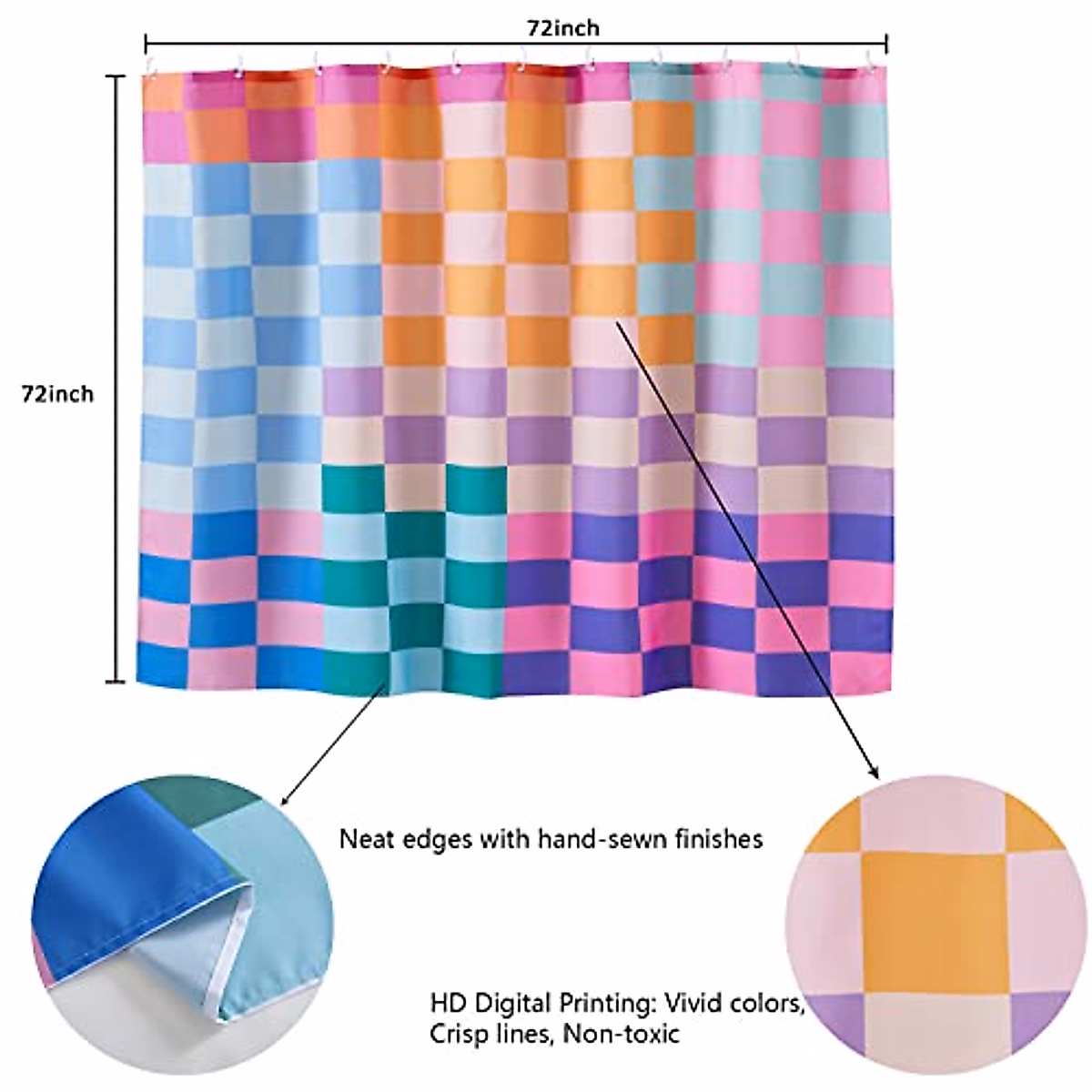 RoomTalks Multicolored Checkered Retro Fabric Shower Curtain for Bathroom, Heavy Duty & Waterproof Bright Rainbow Colorful Modern Simple Groovy Aesthetic Shower Curtain Set with Hooks Bathroom Decor