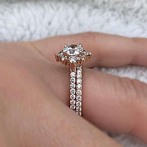 Round Cut Halo Engagement Ring for Women Bridal Sets Moissanite Engagement Ring Rose Gold Wedding Ring Set Sterling Silver 925 Free Engraving