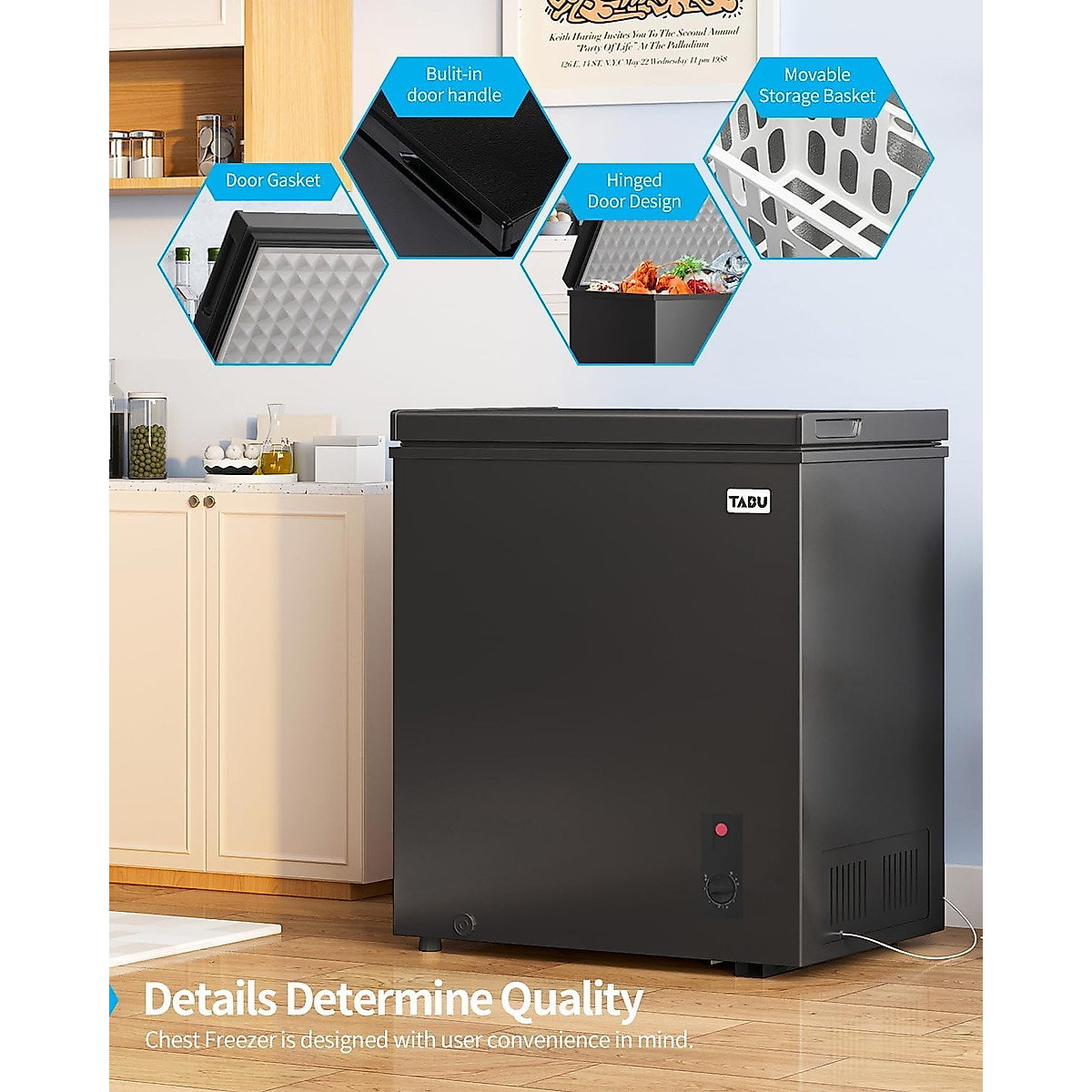 TABU 3.5 Cubic Feet Chest Freezer, Compact Top Opening Deep Freezer with 7 Level Adjustable Thermostat & Removable Basket, Low Noise, Freestanding (Black, 3.5 Cu.Ft.)