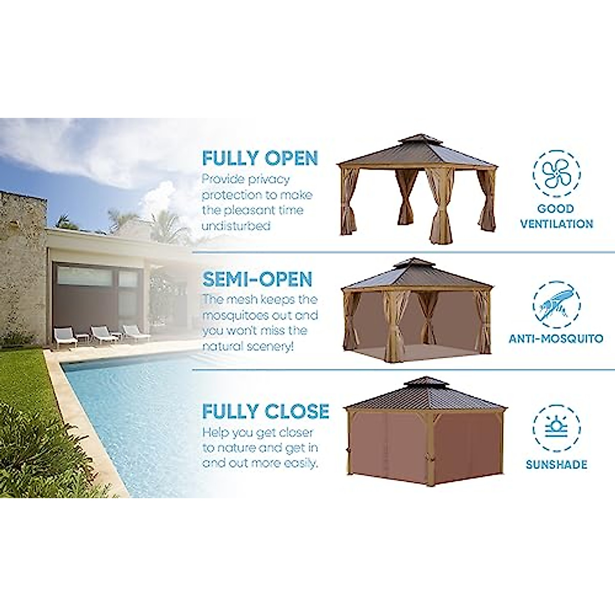 12'x12' Hardtop Gazebo, Outdoor Aluminum Hard Top Gazebo with Galvanized Steel Double Roof, Permanent Metal Roof Gazebo with Nettings, Curtains and Hooks for Deck, Patio (Bronze)