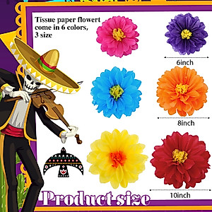 18 Pcs Mexican Paper Flowers Colorful Fiesta Tissue Paper Flowers Pom Poms Mexican Carnival Paper Flowers for Floral Party Backdrop Wedding Birthday Party Craft, 6" 8" 10"