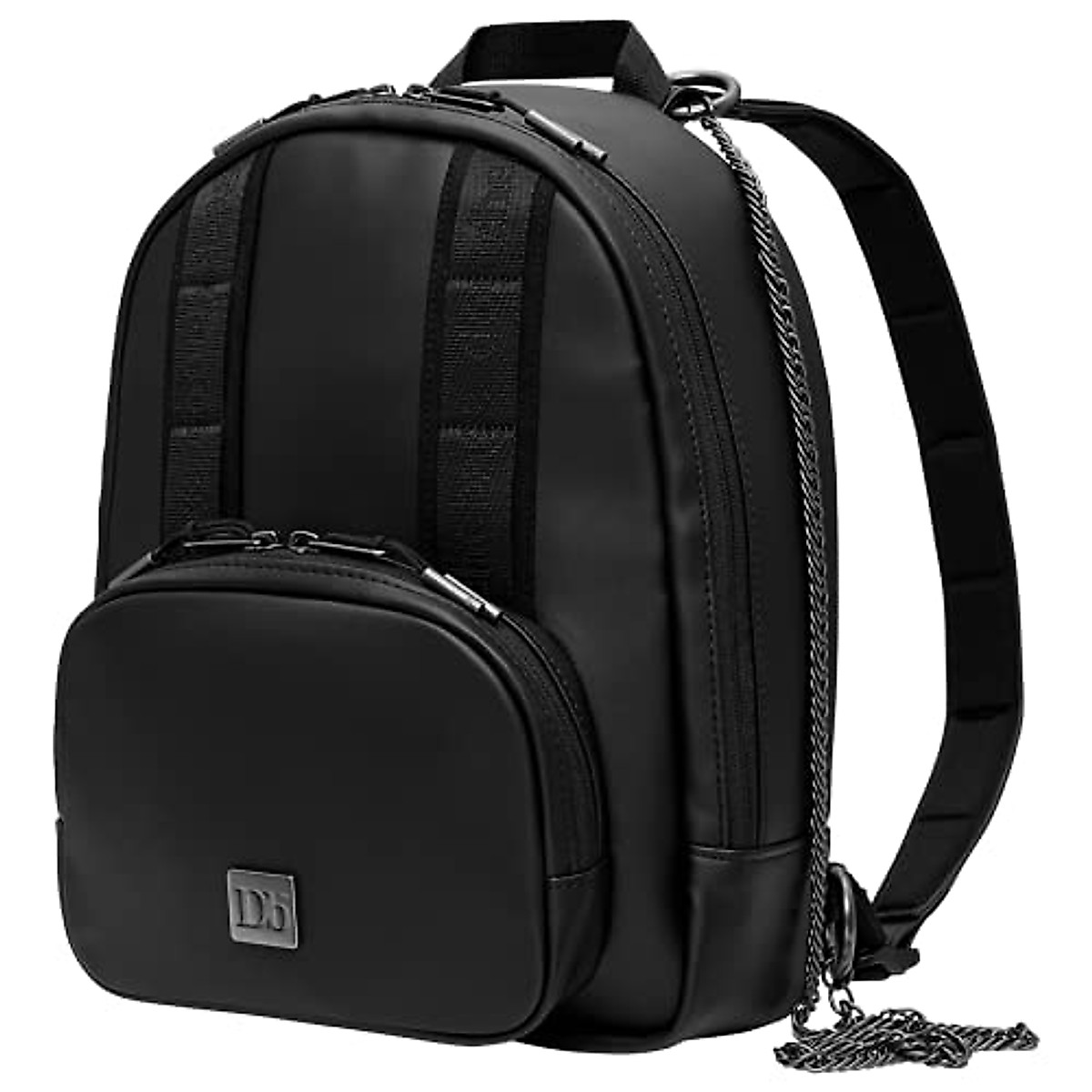 Db the Petite Mini Vegan Leather Backpack Bag with Premium Metal Zips and Detachable Shoulder Chain, Black Out