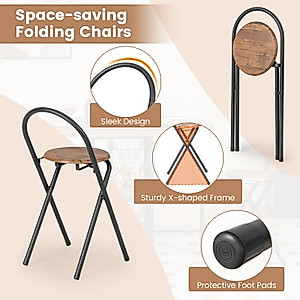 COSTWAY 3 Piece Dining Table & Chair Set, Versatile Collapsible Table with 2 Storage Shelves & 4 Pull-Out Baskets, Drop Leaf Table with 2 Folding Stools for Kitchen, Dining Room, Rustic Brown