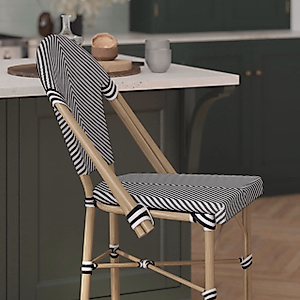 Flash Furniture Marseille Indoor/Outdoor Commercial Bistro Stacking Counter Stool - Black/White Textilene Back and Seat - Lt Natural Bamboo Metal Frame, 2 Pack