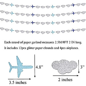 Lauthen.S Airplane Clouds Garland, 6pcs Glitter Paper Garland Decorations for Birthday Backdrop Airplane Themed Baby Shower Party Supplies Classroom Home Decor